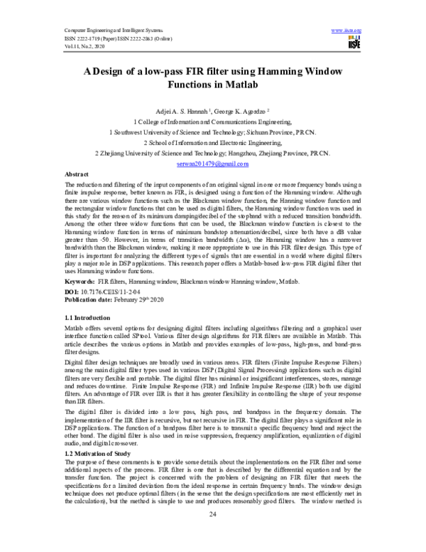 Pdf A Design Of A Low Pass Fir Filter Using Hamming Window Functions In Matlab