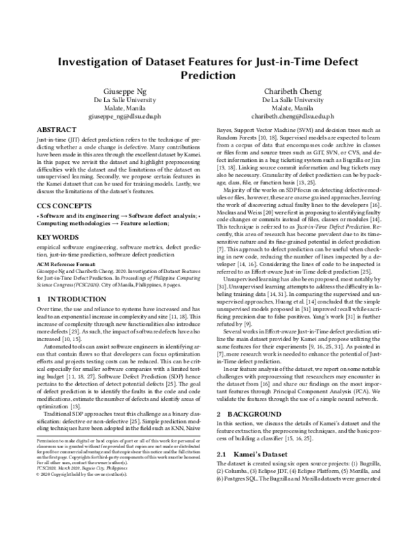 (PDF) Investigation of Dataset Features for Just-in-Time Defect Prediction