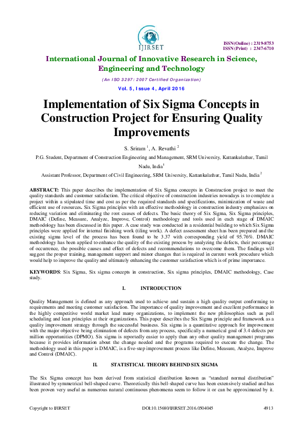 (PDF) Implementation of Six Sigma Concepts in Construction Project for ...