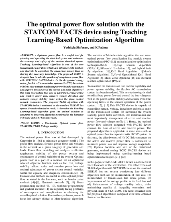 Pdf The Optimal Power Flow Solution With The Statcom Facts Device Using Teaching Learning
