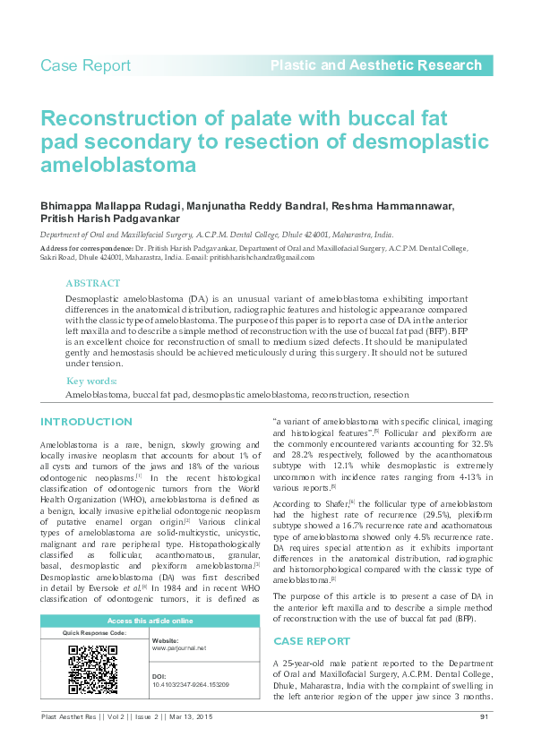 (PDF) Reconstruction of palate with buccal fat pad secondary to ...