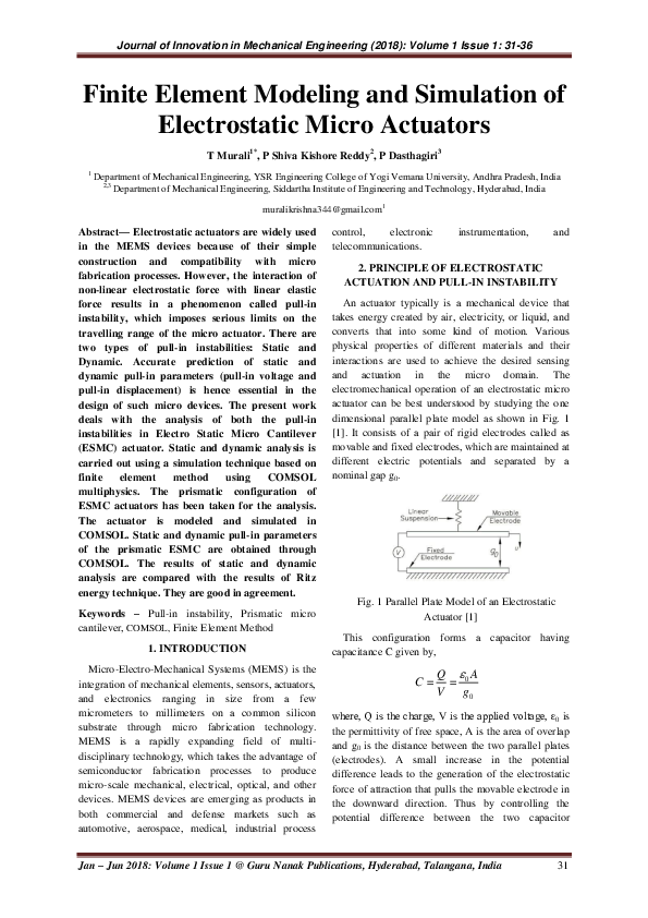 (PDF) Finite element modeling and simulation of Electrostatic microactuators