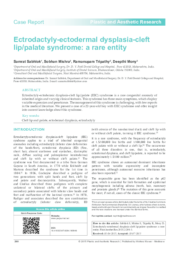 Pdf Ectrodactyly Ectodermal Dysplasia With Cleft Palate A Case Report Ijsrp Journal
