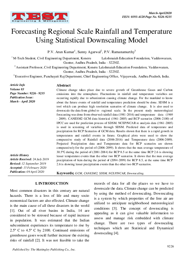 Pdf Forecasting Regional Scale Rainfall And Temperature Using Statistical Downscaling Model