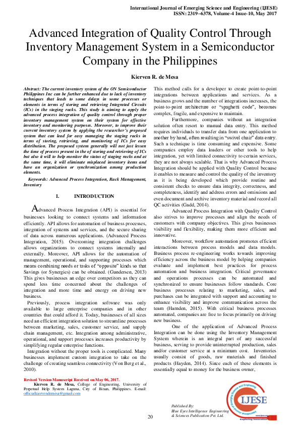 (PDF) Advanced Integration of Quality Control Through Inventory ...