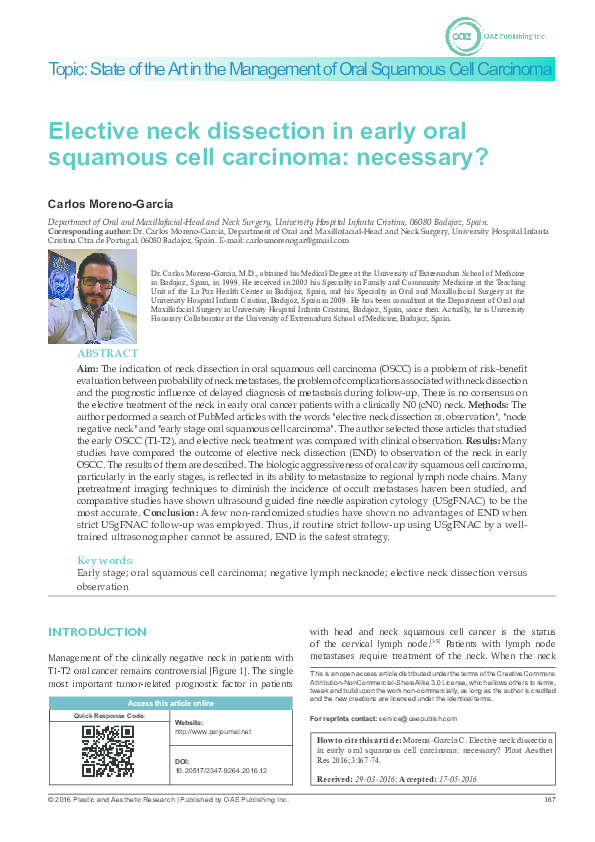 (PDF) Elective neck dissection in early oral squamous cell carcinoma ...