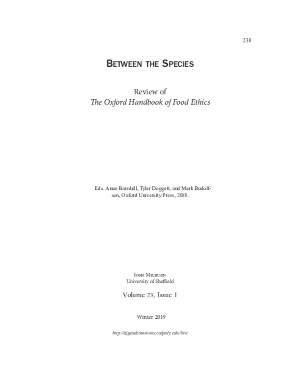 (PDF) Review of The Oxford Handbook of Food Ethics, edited by Anne ...