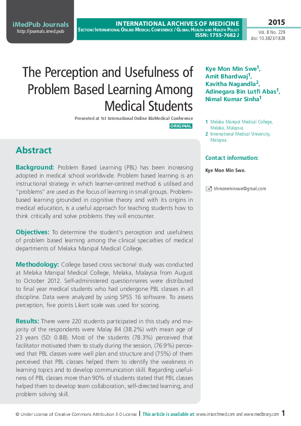(PDF) The Perception and Usefulness of Problem Based Learning Among ...