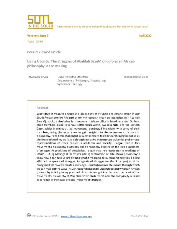 (PDF) Living Ubuntu: the struggles of AbahlaliBase Mjondolo as an ...