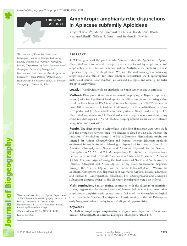 (PDF) Amphitropic amphiantarctic disjunctions in Apiaceae subfamily ...