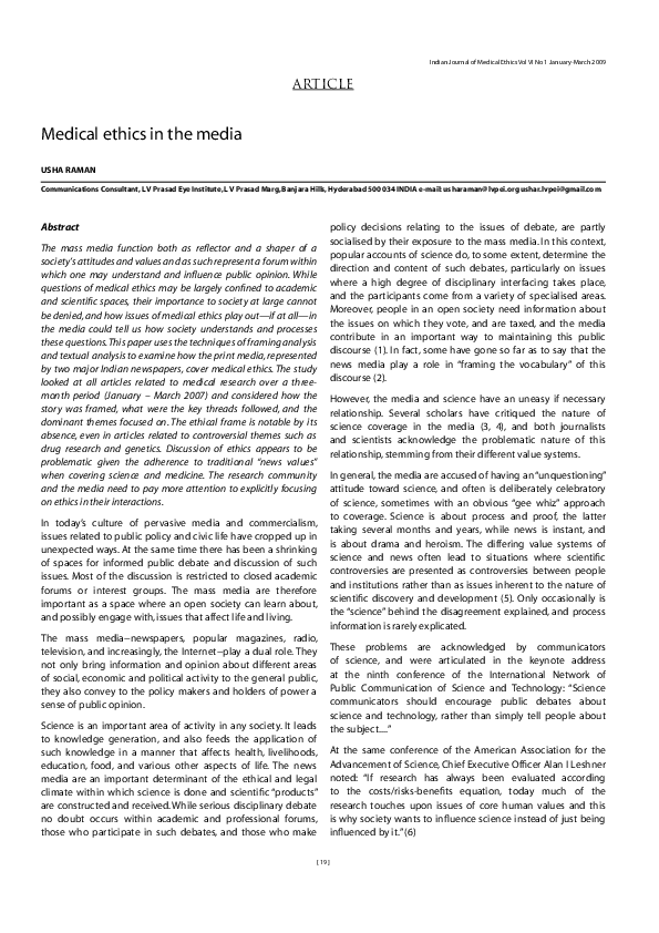 (PDF) Medical ethics in the media.