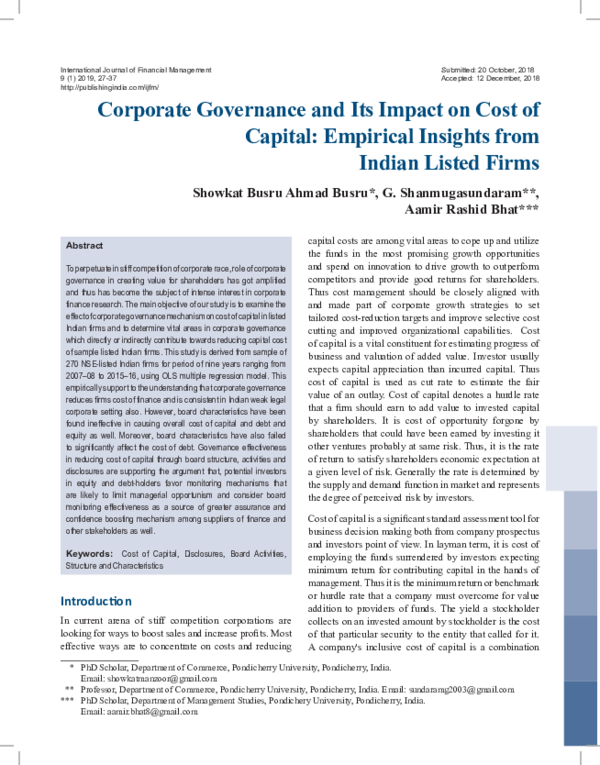 (PDF) Corporate Governance and Its Impact on Cost of Capital: Empirical Insights from Indian ...