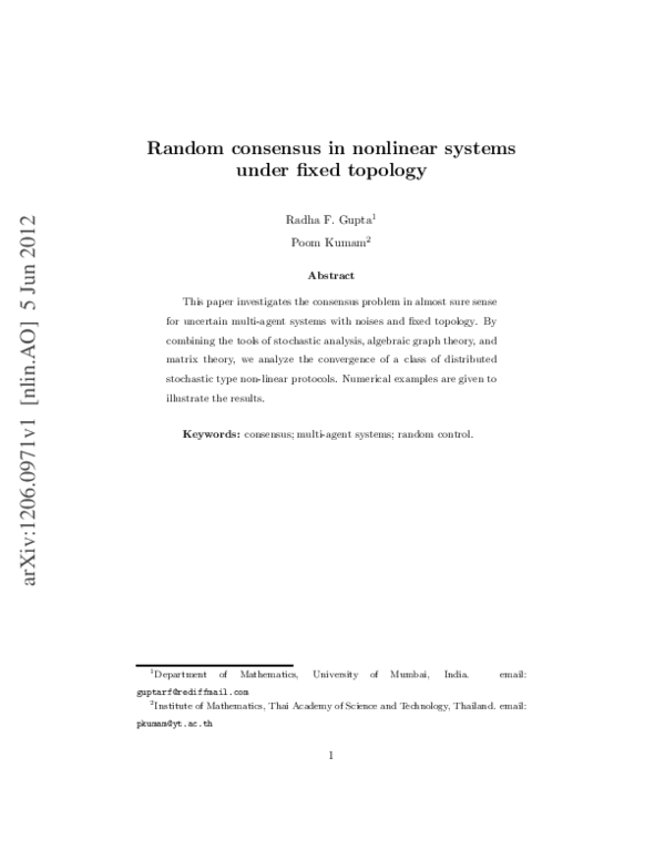 (PDF) Random consensus in nonlinear systems under fixed topology