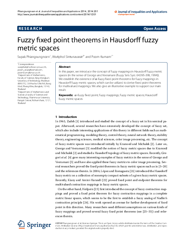 Pdf Fuzzy Fixed Point Theorems In Hausdorff Fuzzy Metric Spaces