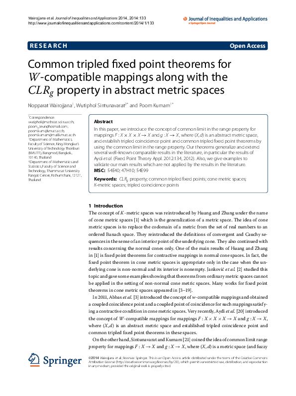 Pdf Common Tripled Fixed Point Theorems In Metric Spaces