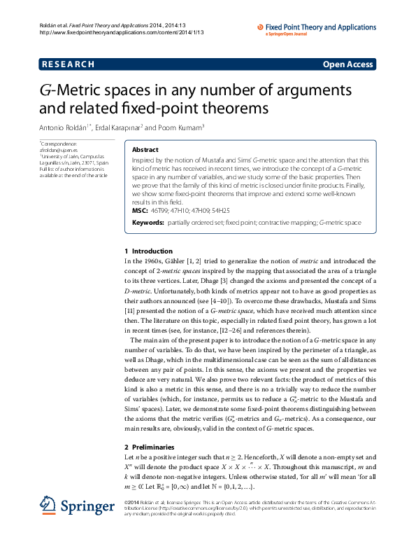 (PDF) G-Metric spaces in any number of arguments and related fixed-point theorems | Poom Kumam ...