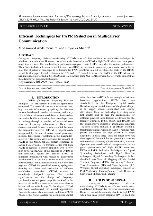 Pdf Efficient Techniques For Papr Reduction In Multicarrier Communication