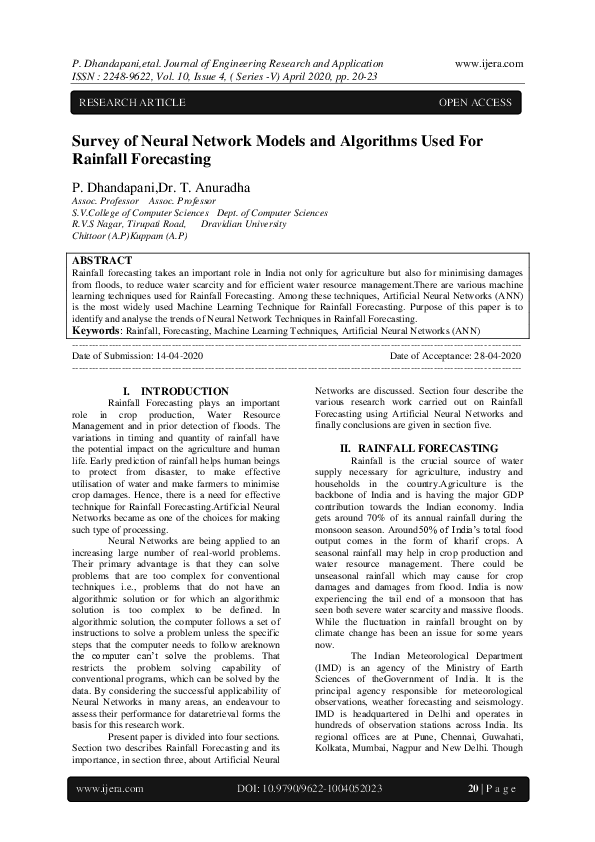 Pdf Survey Of Neural Network Models And Algorithms Used For Rainfall