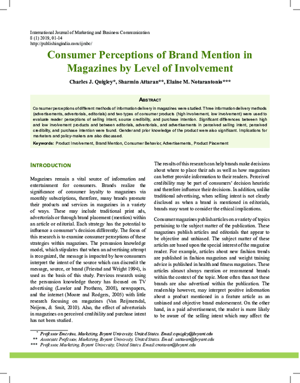 (PDF) Consumer Perceptions of Brand Mention in Magazines by Level of ...