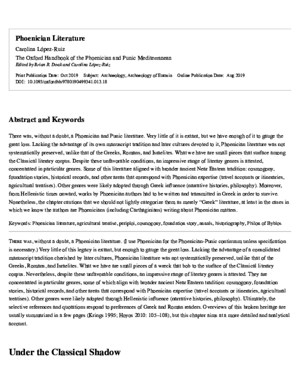 (PDF) "Phoenician Literature." In C. López-Ruiz and B. R. Doak, eds ...