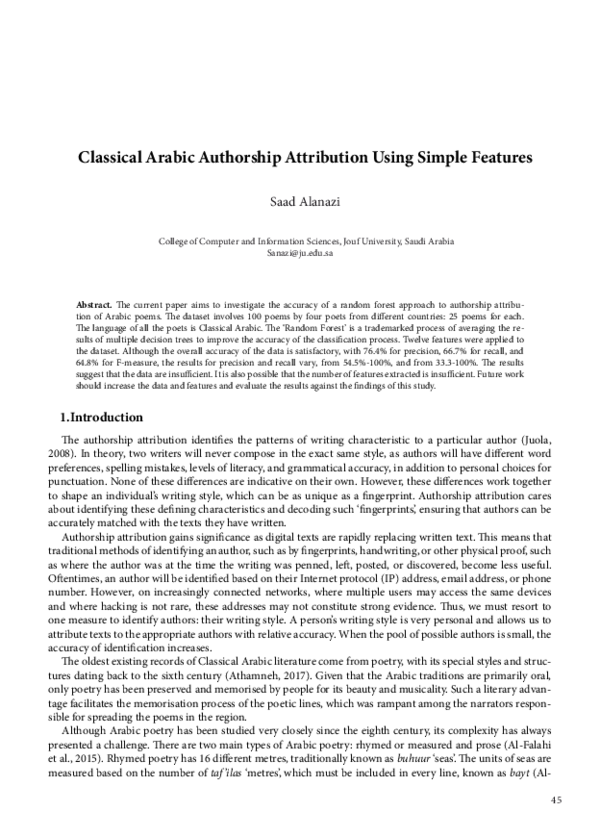 (PDF) Classical Arabic Authorship Attribution Using Simple Features