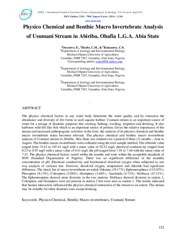 (PDF) Physico Chemical and Benthic Macro Invertebrate Analysis of Usumani Stream in Abiriba