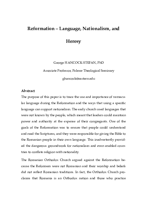 (PDF) George HANCOCK-STEFAN, Reformation: Language, Nationalism, and Heresy