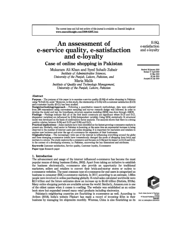 (PDF) An assessment of e-service quality, e-satisfaction and e-loyalty