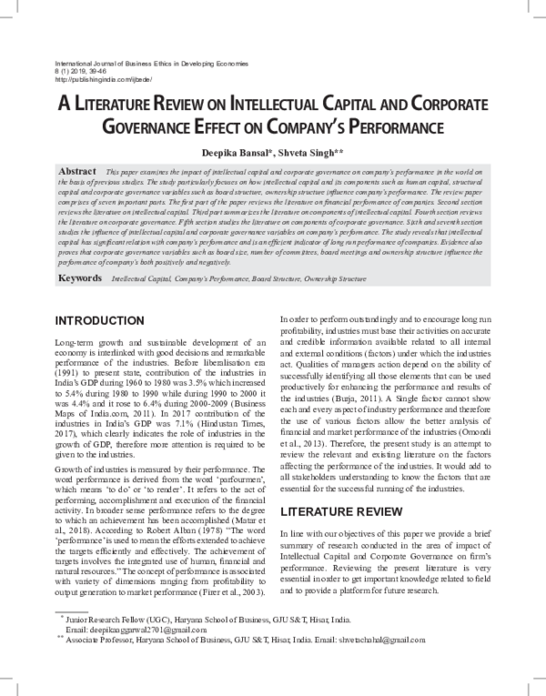 (PDF) A Literature Review on Intellectual Capital and Corporate Governance Effect on Company's ...
