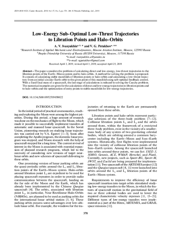 Pdf Low Energy Sub Optimal Low Thrust Trajectories To Libration Points And Halo Orbits