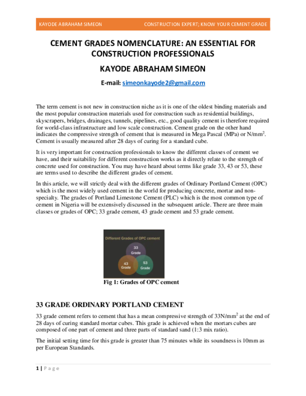 (PDF) CEMENT GRADES NOMENCLATURE: AN ESSENTIAL FOR CONSTRUCTION PROFESSIONALS