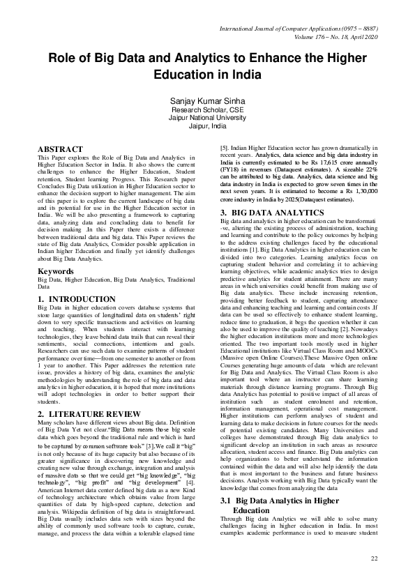 (PDF) Role of Big Data and Analytics to Enhance the Higher Education in India