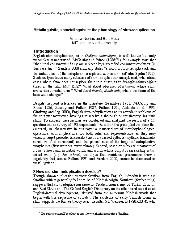 (PDF) Metalinguistic shmetalinguistic: The phonology of shm-reduplication
