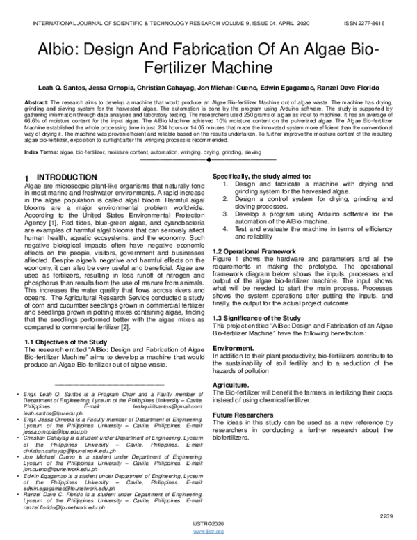 (PDF) Albio Design And Fabrication Of An Algae Bio fertilizer Machine