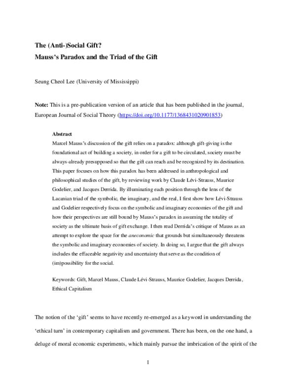 (PDF) The (anti-)social gift? Mauss’s paradox and the triad of the gift