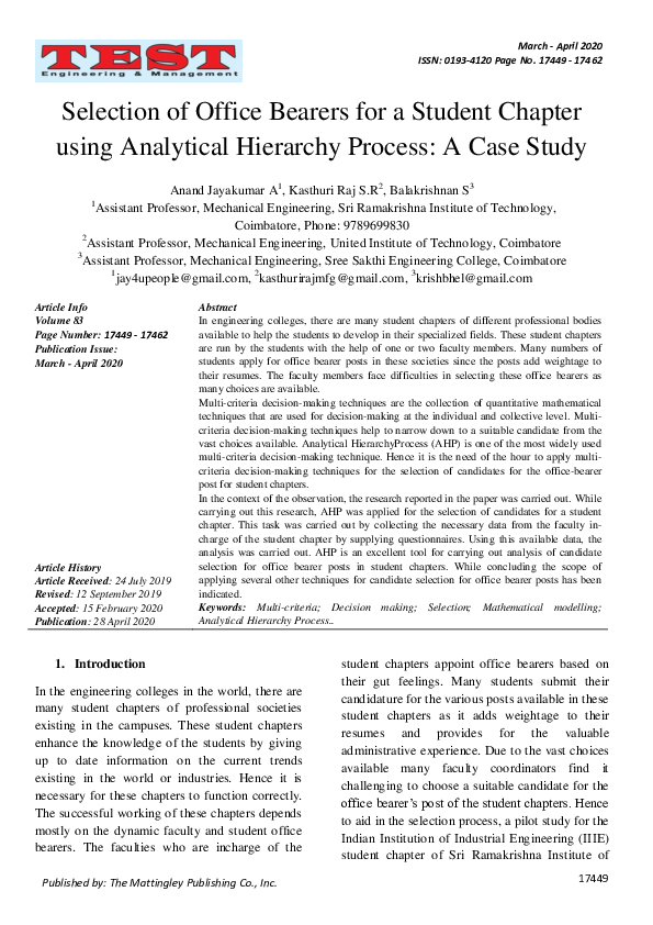 (PDF) Selection of Office Bearers for a Student Chapter using ...