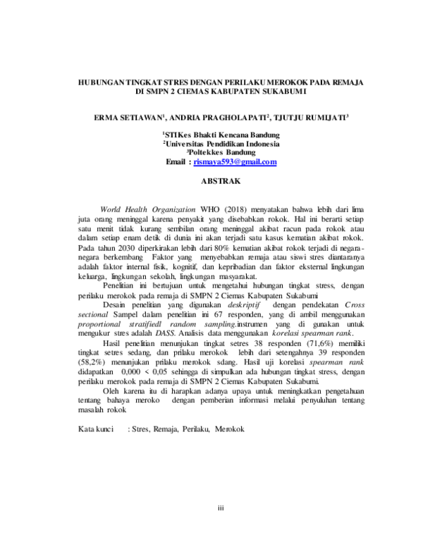 (PDF) HUBUNGAN TINGKAT STRES DENGAN PERILAKU MEROKOK PADA REMAJA DI SMPN 2 CIEMAS KABUPATEN SUKABUMI