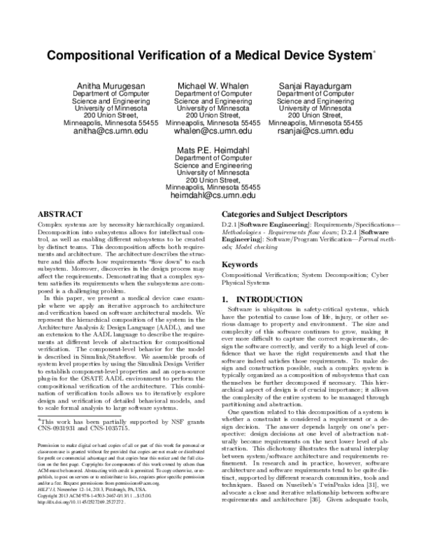 (PDF) Compositional Verification in Medical Devices