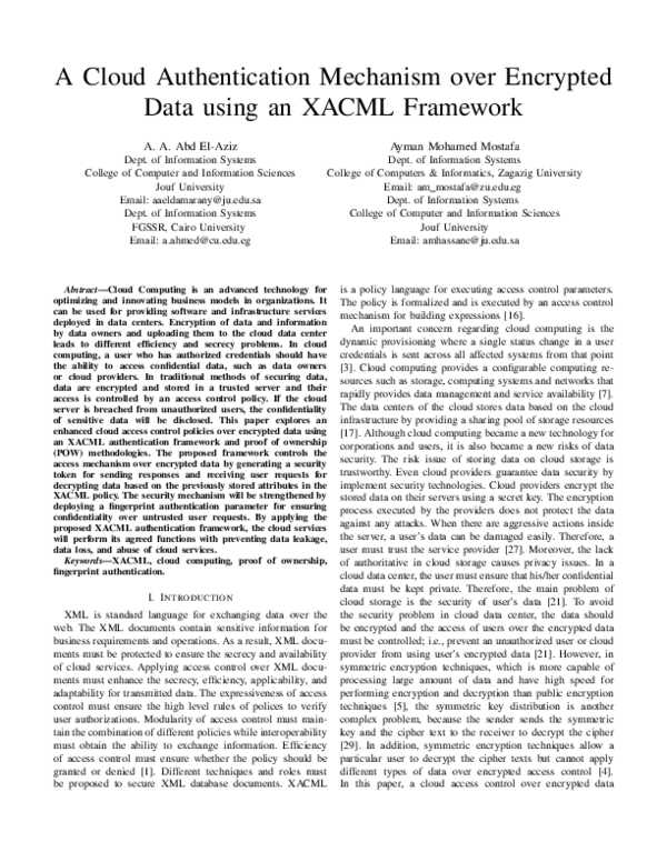 (PDF) A Cloud Authentication Mechanism over Encrypted Data using an XACML Framework