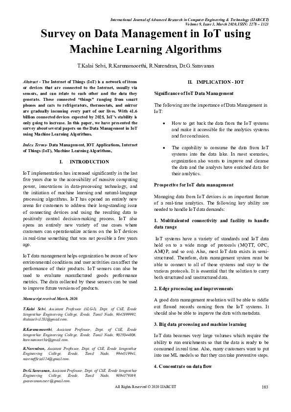 Pdf Survey On Data Management In Iot Using Machine Learning Algorithms