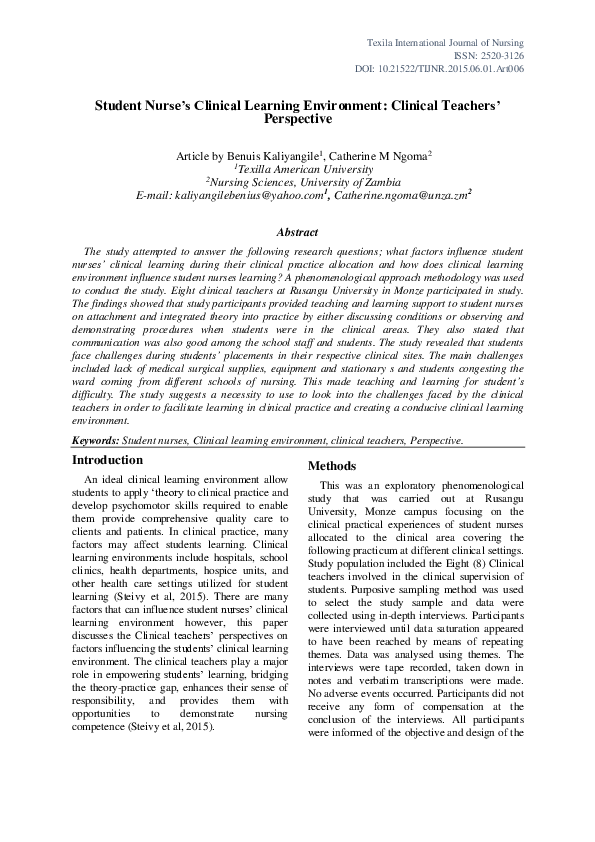 (PDF) Student Nurse’s Clinical Learning Environment: Clinical Teachers ...