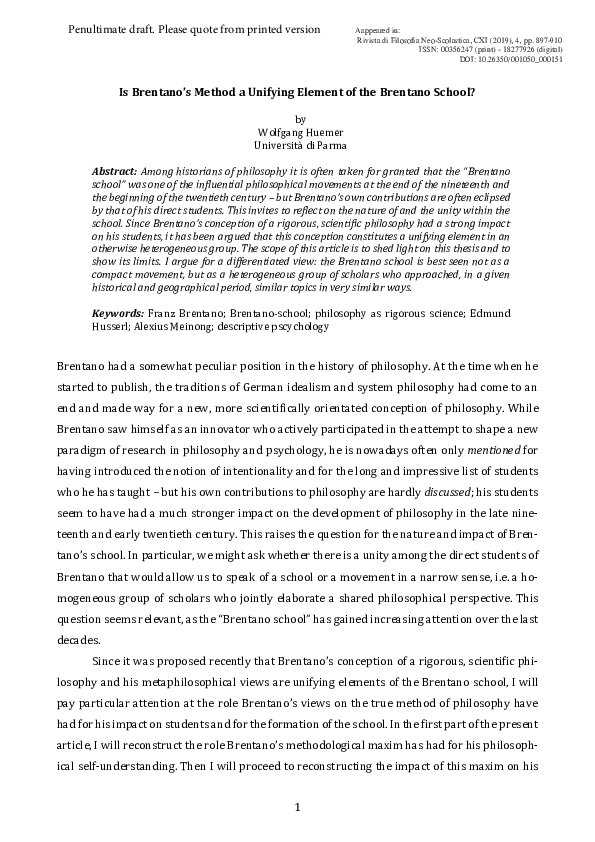 (PDF) Is Brentano's Method a Unifying Element of the Brentano School?