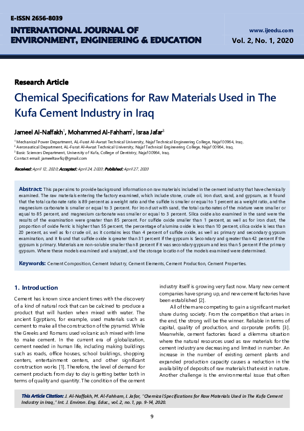 (PDF) Chemical Specifications for Raw Materials Used in The Kufa Cement Industry in Iraq