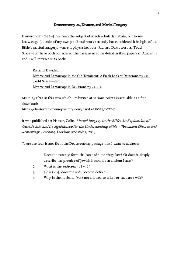 (PDF) Deuteronomy 24:1-4, Divorce, and the Bible's Marital Imagery