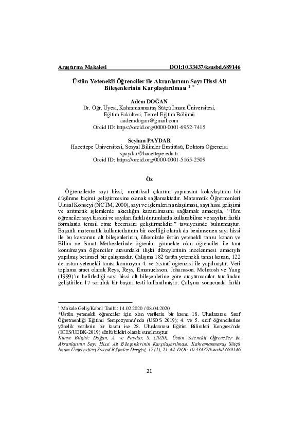 (PDF) Üstün Yetenekli Öğrenciler ile Akranlarının Sayı Hissi Alt ...