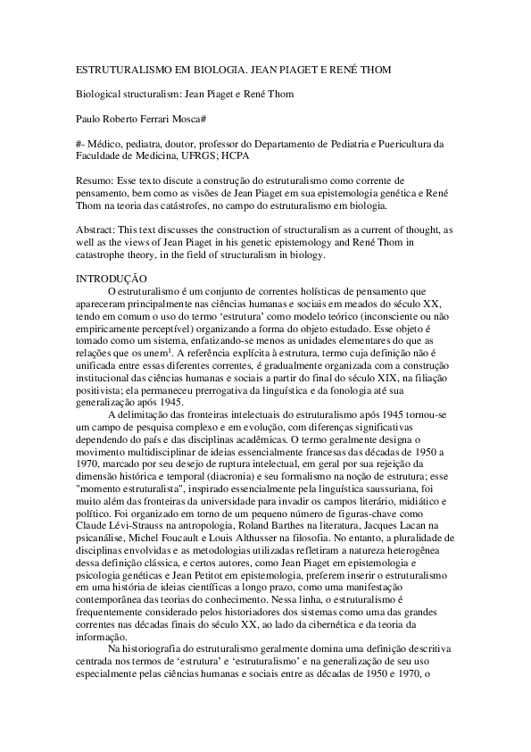 (PDF) ESTRUTURALISMO EM BIOLOGIA. JEAN PIAGET E RENÉ THOM Biological ...