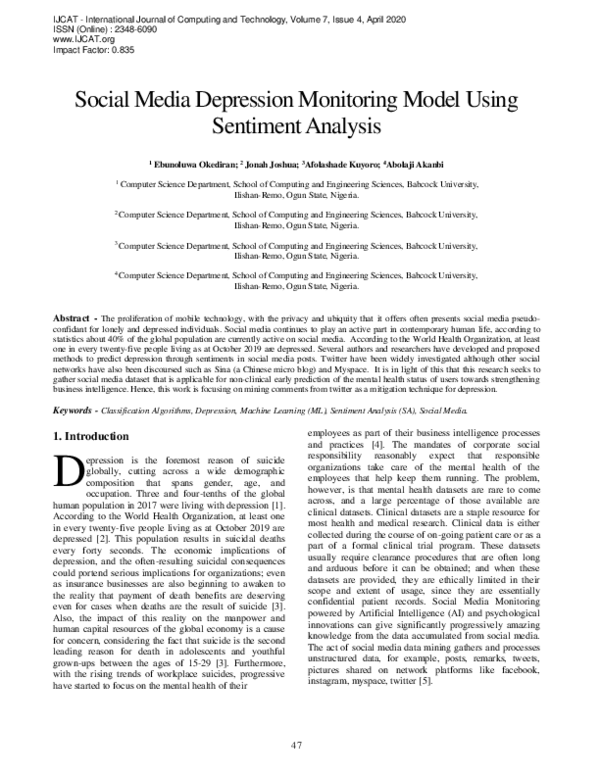 (PDF) Social Media Depression Monitoring Model Using Sentiment Analysis