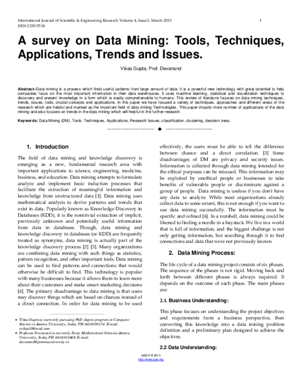 (PDF) A survey on Data Mining: Tools, Techniques, Applications, Trends and Issues