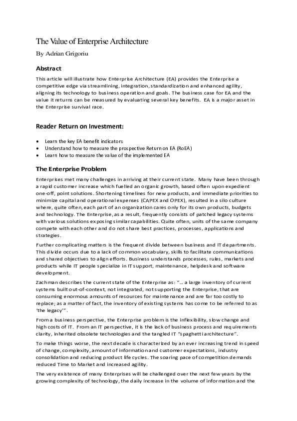 Pdf The Enterprise Architecture Value Proposition