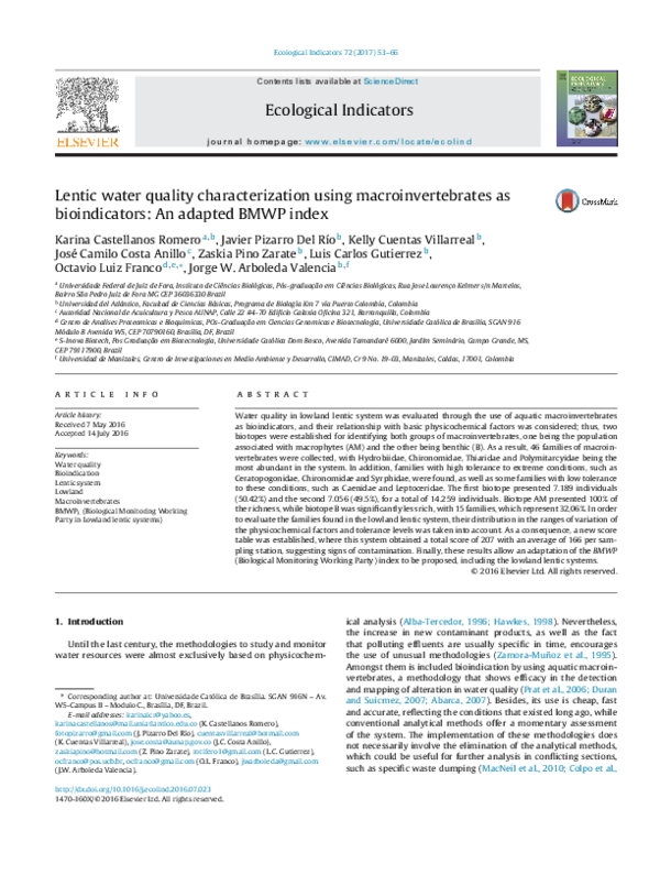 (PDF) Lentic water quality characterization using macroinvertebrates as ...